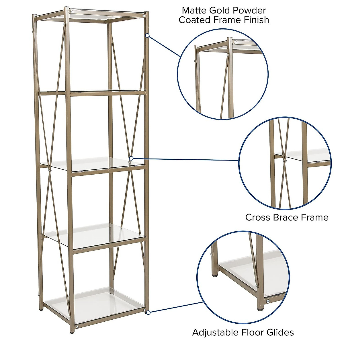 Flash Furniture Mar Vista Collection 4 Shelf 64"H Cross Brace Glass Bookcase in Matte Gold