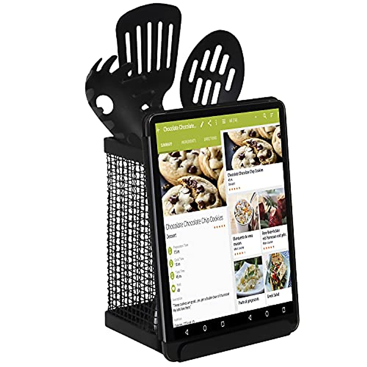 Kitchen Details Industrial Collection Tablet and Utensil Holder | Dimensions 6.69" x 5.51" x 7.48" | Freestanding | Rust Resistant | Kitchen Accessories | Matte Black