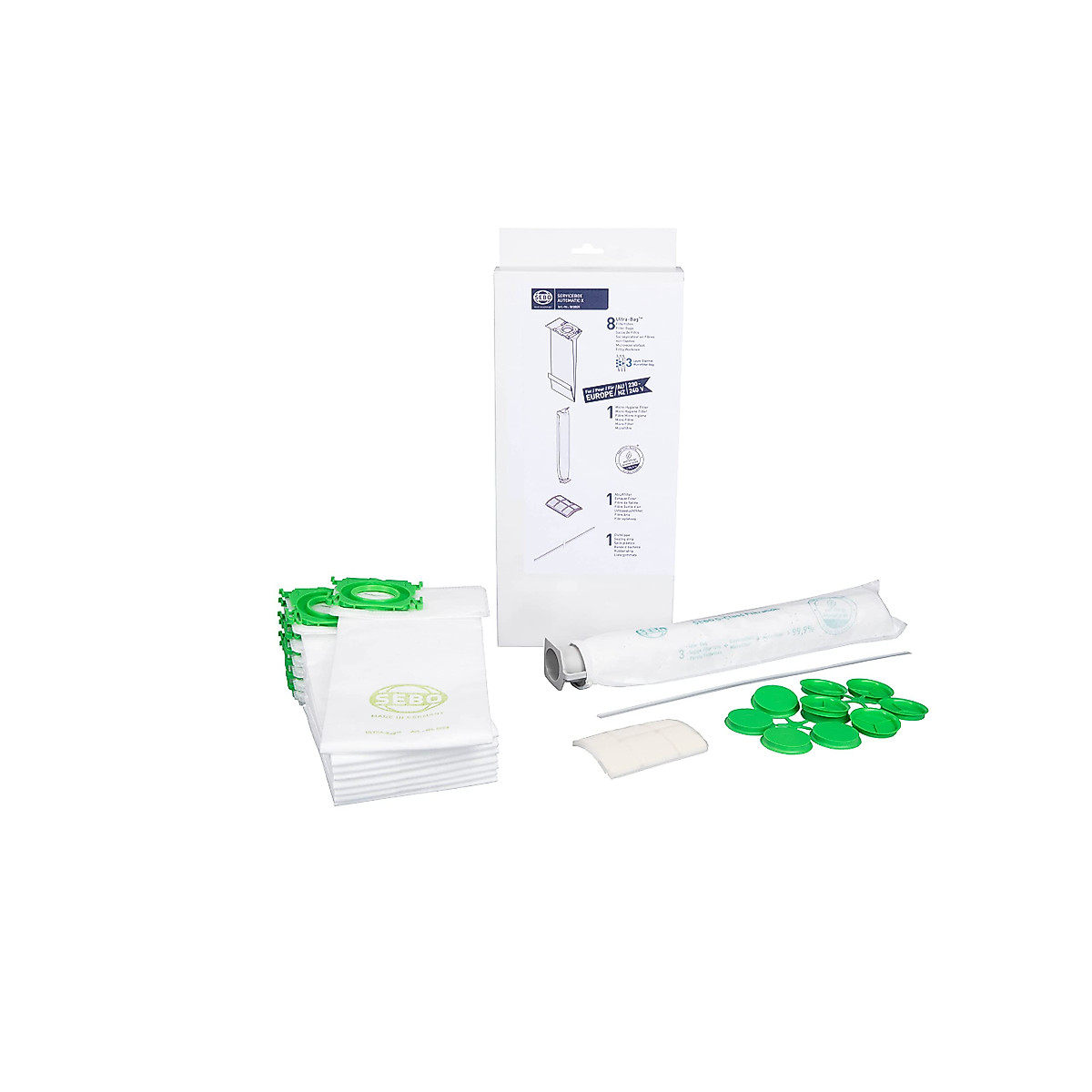SEBO 5828ER Service Box with Sealing Strip for X Series Vacuum with 8 Filter Bags, Exhaust Filter, Electrostatic Microfilter and Sealing Strip