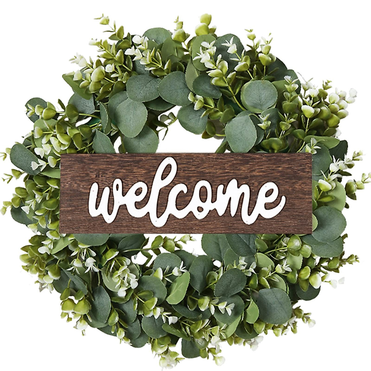 GTIDEA 18 Inch Eucalyptus Wreath for Front Door Summer Wreath with Welcome Sign Greenery Wreaths Farmhouse for Home Porch Wall Bedroom Window Festival All Season Wedding Decor