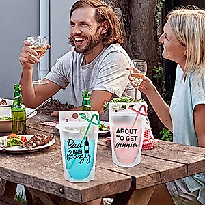 Patelai 24 Sets Drink Pouches with Straws Plastic Drink Bags with Zipper Party Beverage Bags Juice Pouches for Adults(Black Letters)