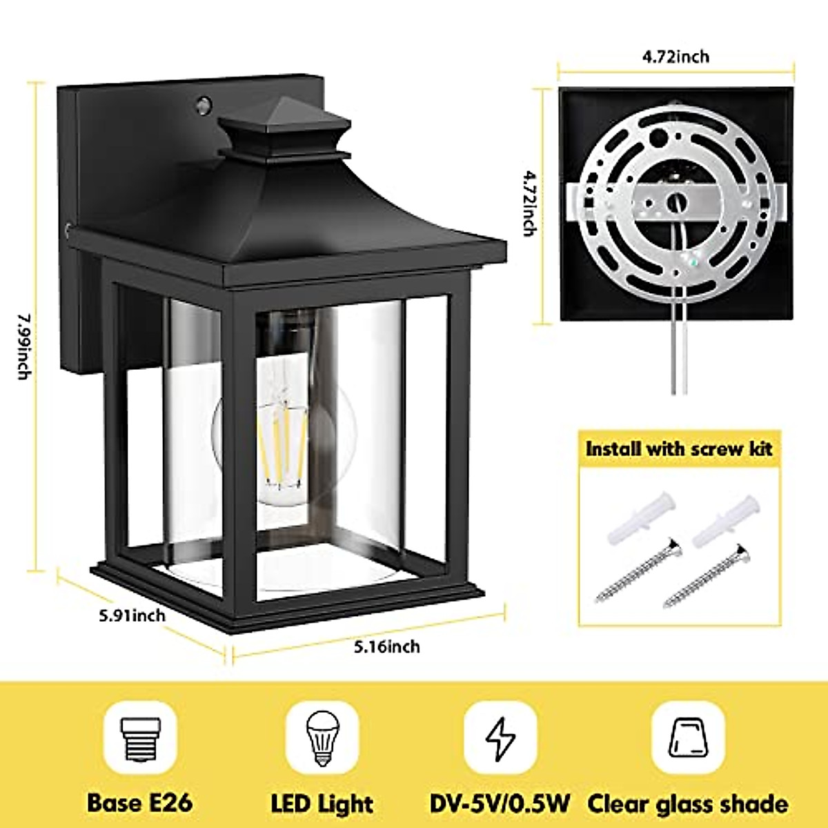 GKGG Outdoor Porch Light LED Exterior Wall Light Fixtures Dusk to Dawn, Anti-Corrosion Plastic Material, Waterproof Security Lamp for Wall, Yard, Front Porch (Bulb Included), 2 Pack