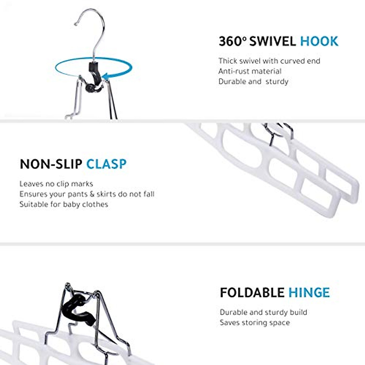 Premium Skirt Hangers 10-Pack - Thin Space-Saving Skirt Hanger Set with Clamp, Pant Hanger 10-Piece Set, Shorts Hangers with Heavy-Duty Locking Clasp, Multipurpose Quality Jean Hangers Set (White, 10)