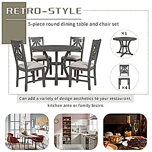 Goozio 5-Piece Round Dining Table and 4 Fabric Chairs with Special-Shaped Table Legs and Storage Shelf,Gray