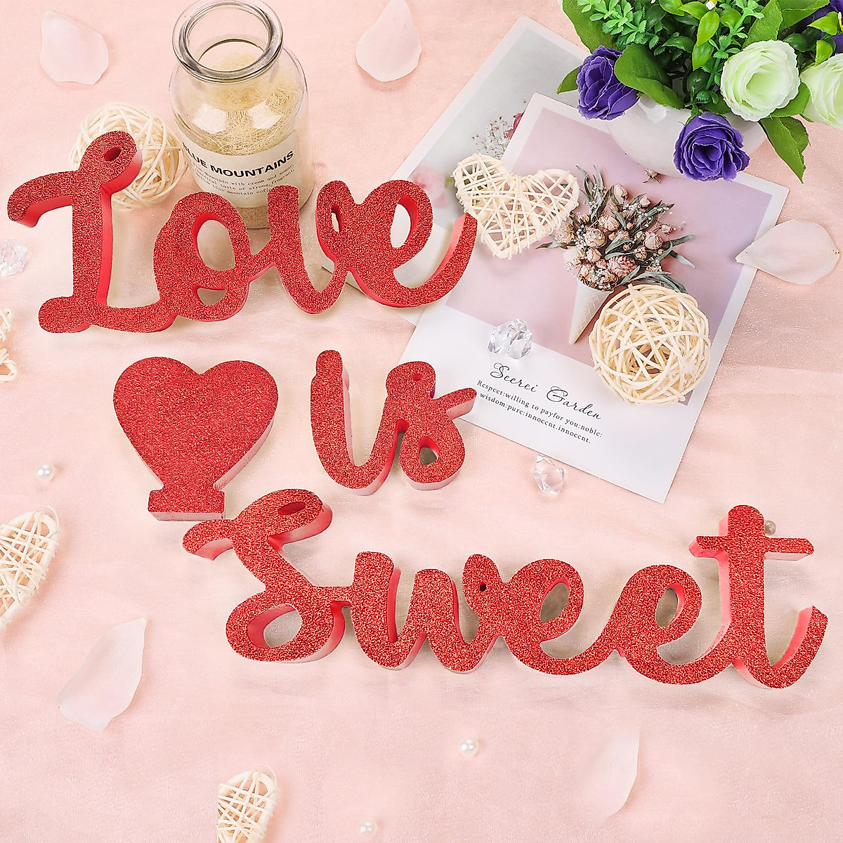 Love is Sweet Wedding Table Decor Wooden Love Sign for Dessert Wedding Sweetheart Table Decorations for Photo Props Wooden Love Letter Table Decorative(Glitter Red)