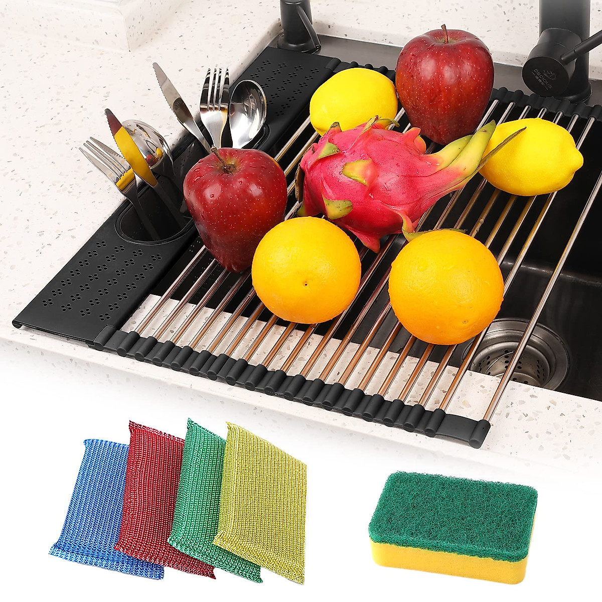 BRAQ Roll Up Dish Drying Rack 17.32" x 14.56" Portable Stainless Steel Sink Rack with 1 Storage Baskets Over The Sink Dish Drying Rack for Kitchen Dishes Cups