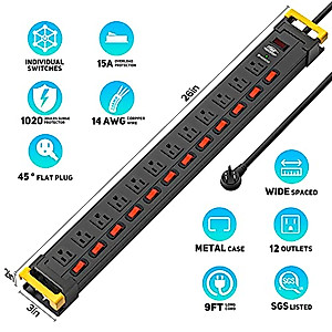 CRST 12 Outlet Heavy Duty Power Strip Surge Protector with Individual Switches, 15AMP/1875W Metal Power Strips with Cord Manager, 9FT, 1020J, for Garage, Workshop, Shop, Home Black