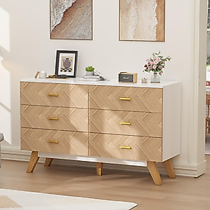 EazeHome 6 Drawers Dresser, Wooden Double Dresser with Large Organizer, Dresser TV Stand for Bedroom, 47.2” Wide Chest of Drawers for Closet, Dressing Room, Hallway(White&Oak)