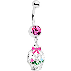 Body Candy Womens 14G Steel Navel Ring Piercing Pink Accent Basket Bunny Dangle Belly Button Ring