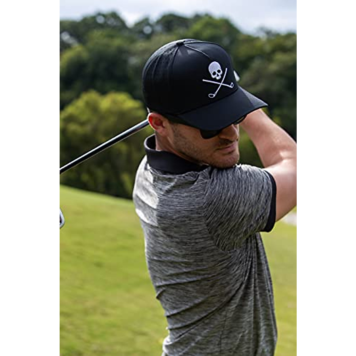 SHANKITGOLF Skull & Crossbones Golf Hat - Adjustable, Breathable, Snapback Trucker Hat - Funny Skull Cap, Perfect for Golfing, Hiking, Fishing, Running & Outdoor Activities (Black)