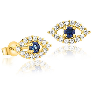Solid 14k Yellow Gold Evil Eye Stud Earrings with Sparkling Cubic Zirconia (Yellow Gold)