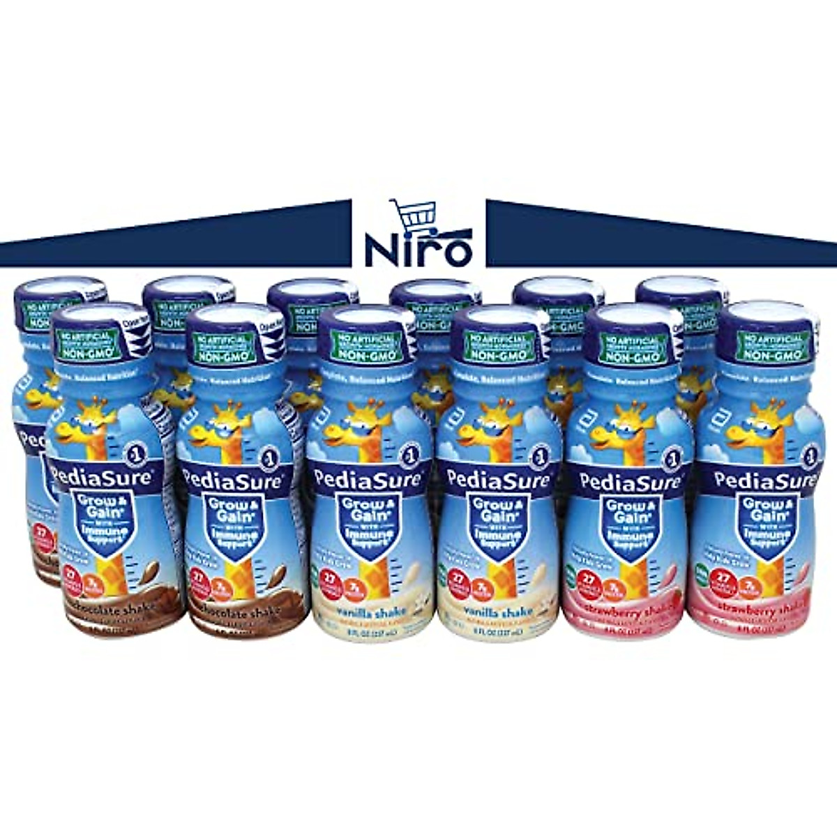 PediaSure Grow and Gain With Immune Support Shake | Complete Balanced Nutrition | PediaSure Strawberry, PediaSure Vanilla, and PediaSure Chocolate Flavors | 12 Pack | Niro Assortment
