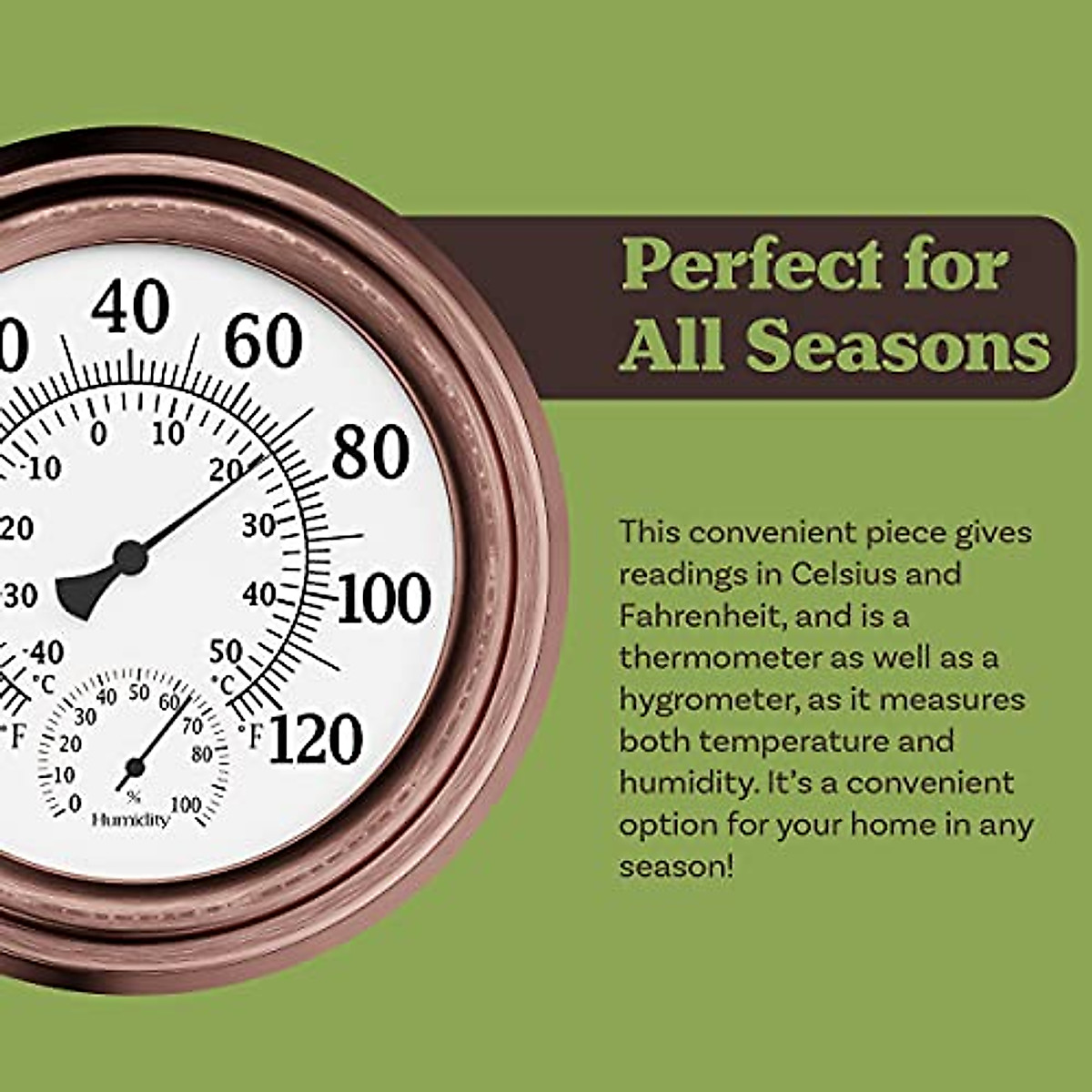 Wall Thermometer - 8-Inch Decorative Indoor/Outdoor Temperature and Hygrometer Gauge - for Home, Patio, Porch, or Sunroom by Pure Garden (Copper)
