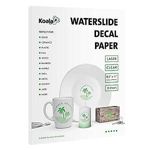 Koala Waterslide Decal Paper for Laser Printer - Clear Transparent - 25 Sheets Printable Water Slide Transfer Paper - 8.5x11 Inches