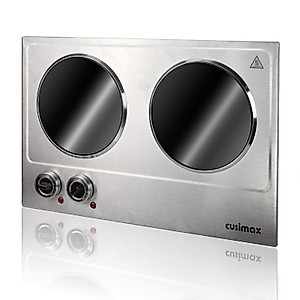 Double Burner, CUSIMAX 1800W Ceramic Electric Hot Plate for Cooking, Dual Control Infrared Cooktop, Portable Countertop Burner, Glass Plate Electric Cooktop, Silver, Stainless Steel-Upgraded Version