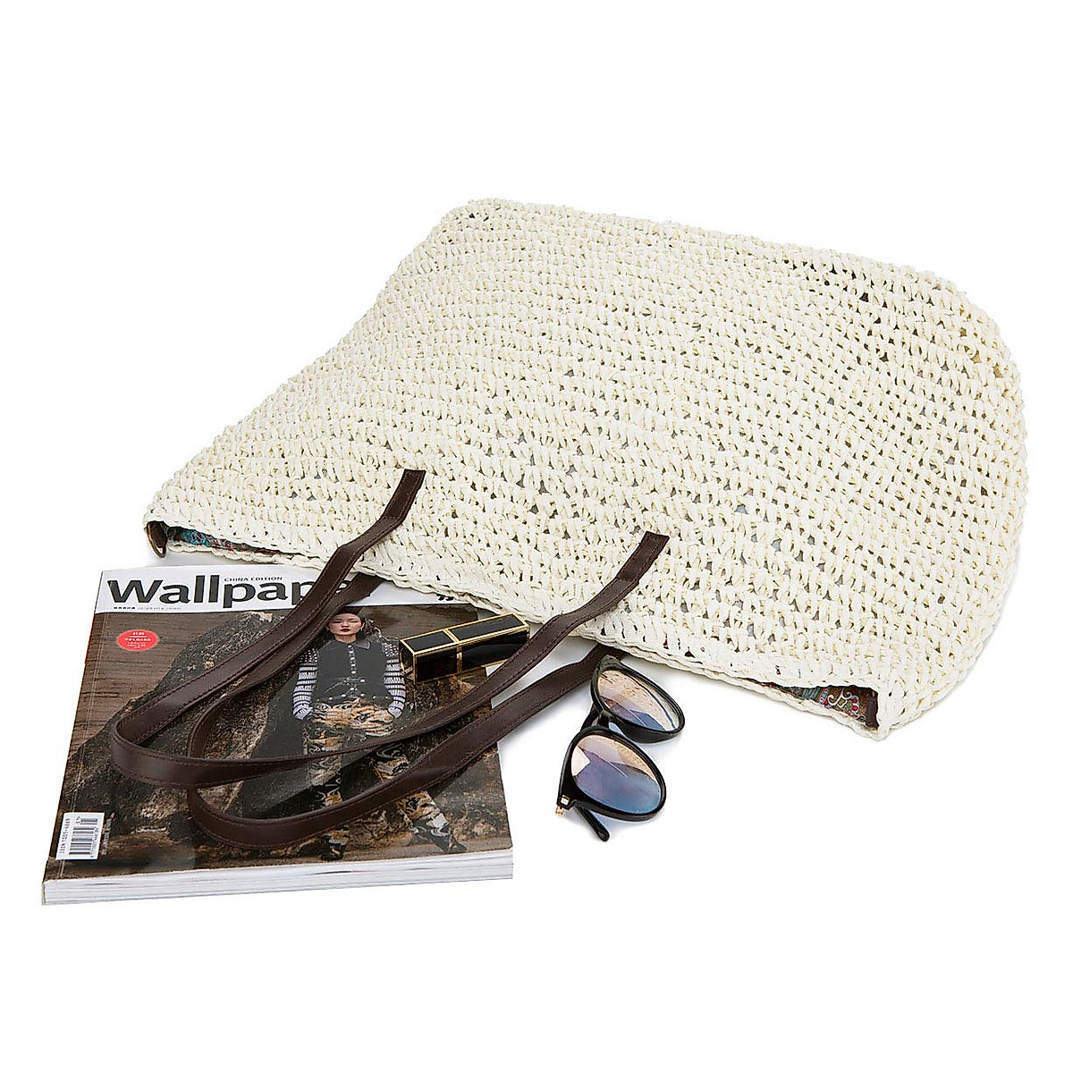 ilishop Women's Classic Woven Straw Tote Summer Beach Weaving Handbag Shoulder Bag (White)