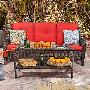 MeetLeisure Patio Furniture Set 2-Piece Wicker Outdoor Furniture Conversational Sets with 3-Seat Sofa, Patio Rattan Coffee Table Patio Rattan Wicker Sectional Sofa Set with Olefin Cushions, RED