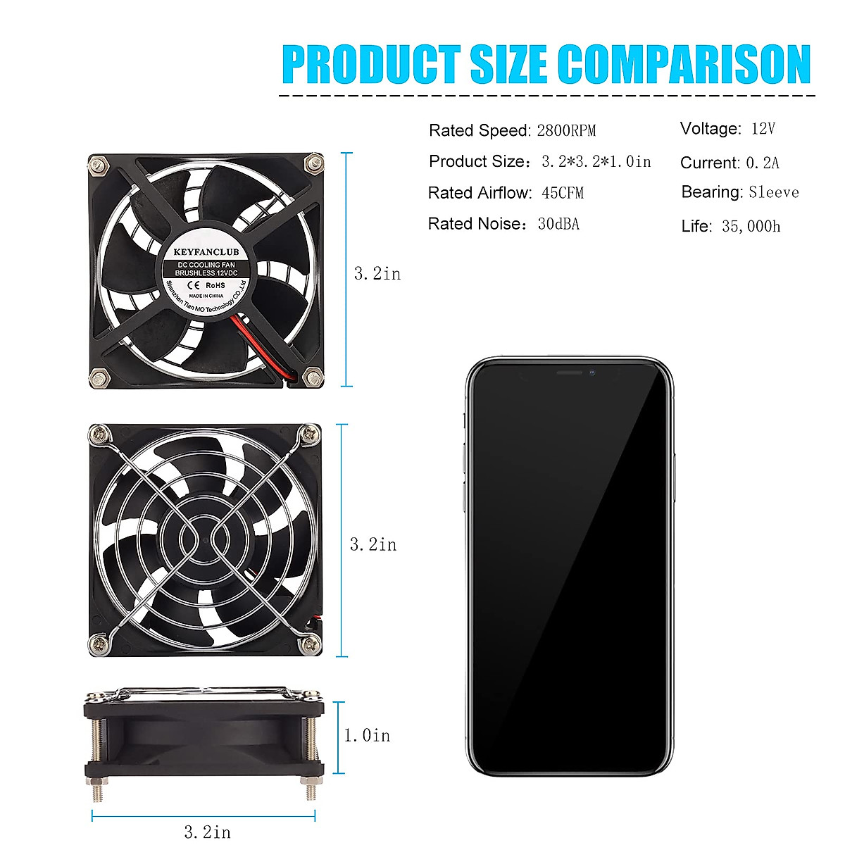 KEYFANCLUB 80mm x 25mm 12v Fan 2-Pin Replacement for Computer Case RV Refrigerator Power Supply Greenhouse Electronic Box Cooling