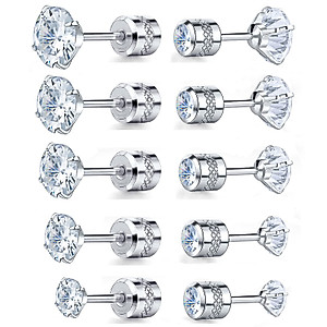 Titanium Screw Back Pack of Earrings Cubic Zirconia CZ Studs for Women Men 20G Helix Piercing Post 316L Surgical Stainless Steel Hypoallergenic for Sensitive Ears Simulated Diamond Set