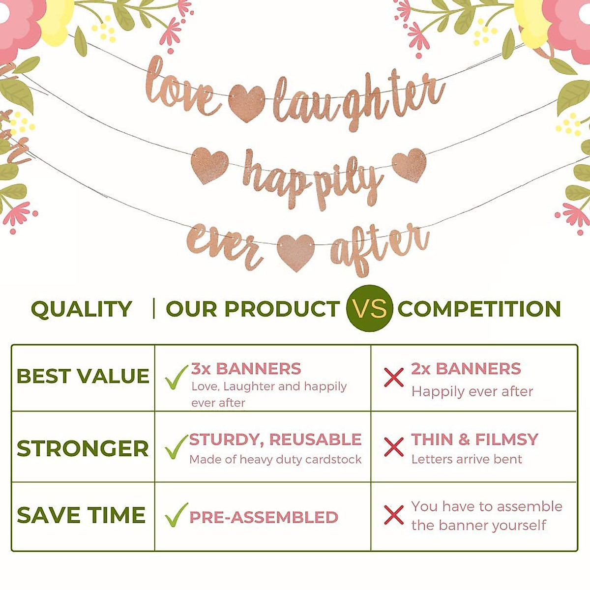 3Pcs Rose Gold Glitter Love Laughter and Happily Ever After Banner - Wedding Shower Decorations - Bridal Shower Decorations - Bachelorette, Bridal & Engagement Party Decorations (Pre-Strung Signs)