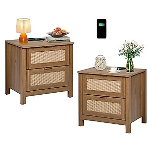 AILEEKISS Night Stand Set of 2 Rattan Nightstands with Wireless Charging Station, Wood Accent Bed Side End Tables with 2 Rattan Drawers, Modern Bedside Stand for Bedroom, Living Room (Natural Oak)