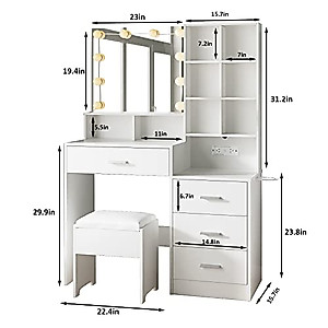 Vabches White Vanity Desk with Mirror and Lights, Makeup Vanity Table with Charging Station, 3 Lighting Modes Brightness Adjustable, 4 Drawers, 8 Shelves, Vanity Set, 38.7in(L)