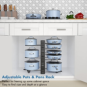 Felibeaco Adjustable Pots and Pans Organizer Rack for Cabinet, Metal Pans Pots Lids Storage Holder Rack under Cabinet with 3 DIY Methods, Pot Rack with 8 Tiers for Kitchen,Counter,Black,