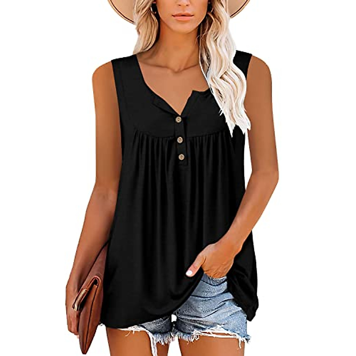 Casual Loose Tops for Women Buttons T Shirts Sleeveless Tunics for Leggings Black XXL