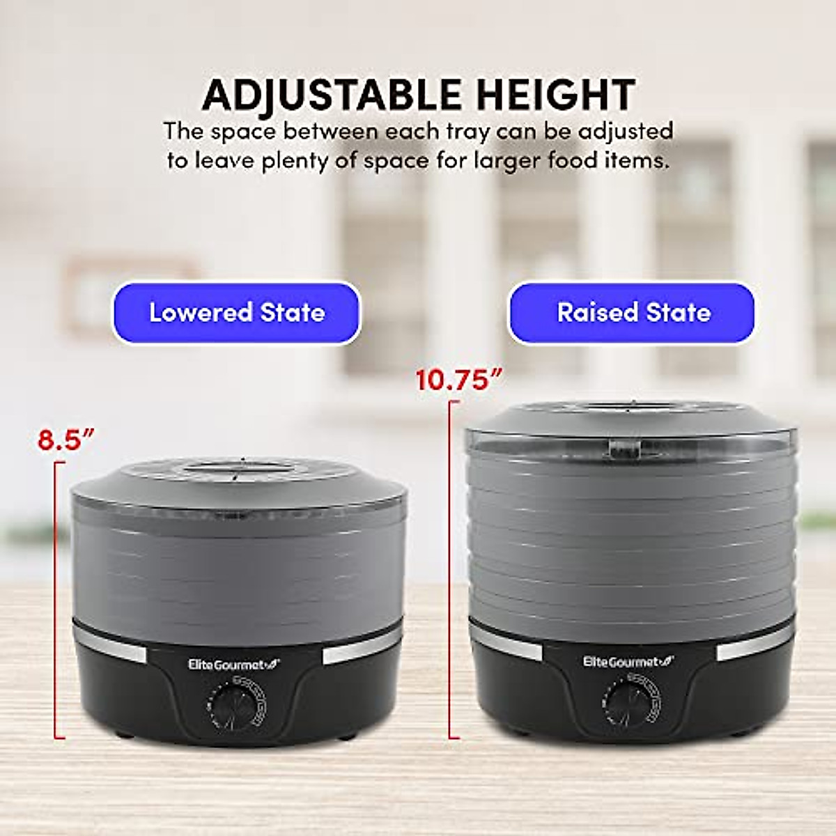 Elite Gourmet EFD319DKG Food Dehydrator, 5 BPA-Free 11.4" Trays Adjustable Temperature Controls, Jerky, Herbs, Fruit, Veggies, Dried Snacks, Black and Grey