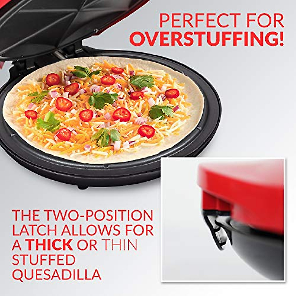 Taco Tuesday Deluxe 10-inch 6-Wedge Electric Quesadilla Maker with Extra Stuffing Latch, Red