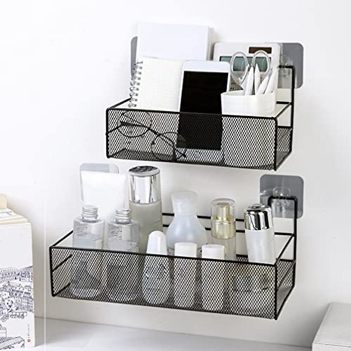 DOITOOL Storage Shelves Mesh Wall Floating Shelves Metal Storage Basket No Drilling Wall Mounted Shelf for Bathroom Laundry Room Bedroom Living Room Kitchen and Office 36X15CM Bathroom Decor