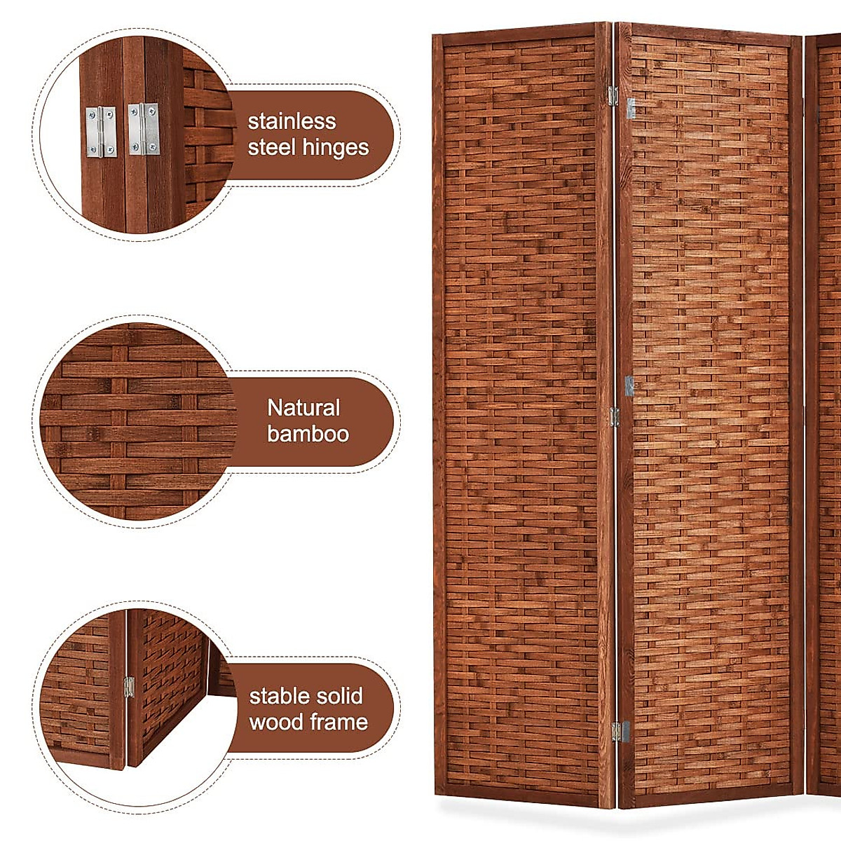 Corelax Room Divider Privacy Screen with Natural Bamboo,4-Panel 5-Panel 6-Panel Folding Privacy Screens,Freestanding Room Divider