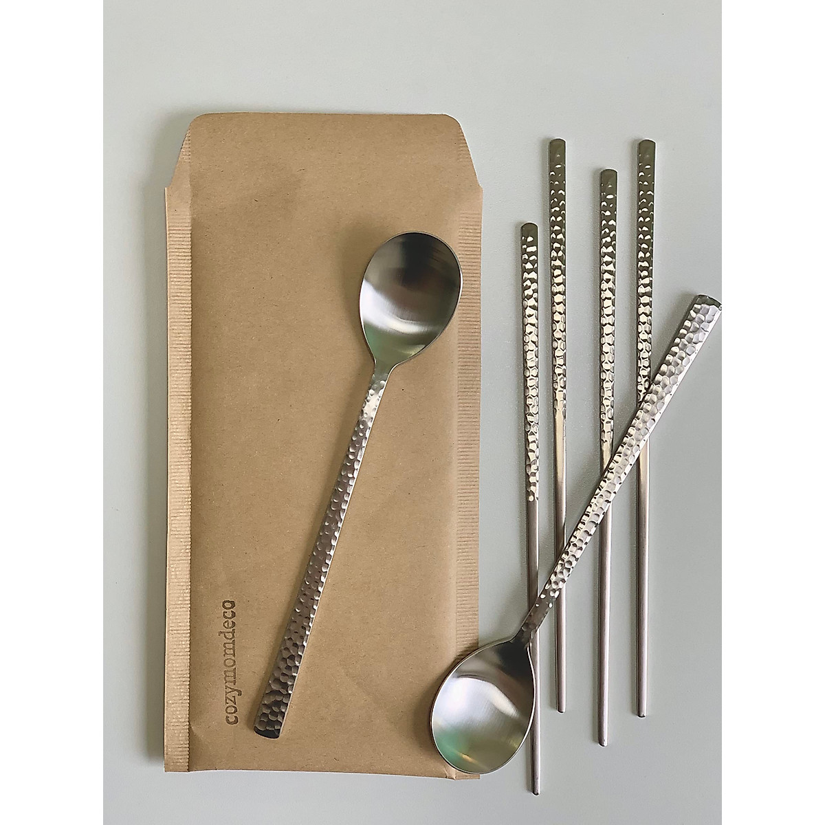 cozymomdeco Korean Made Silver Glossy Hammered Stainless Steel Korean Spoon & Chopstick SET (2SET)