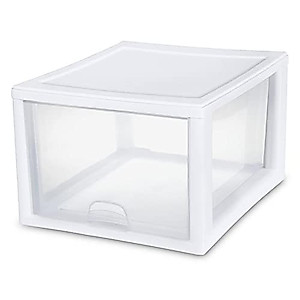 Sterilite 27 Qt Stacking Storage Drawer, Stackable Plastic Bin Drawer to Organize Shoes and Clothes in Home Closet, White with Clear Drawer, 8-Pack