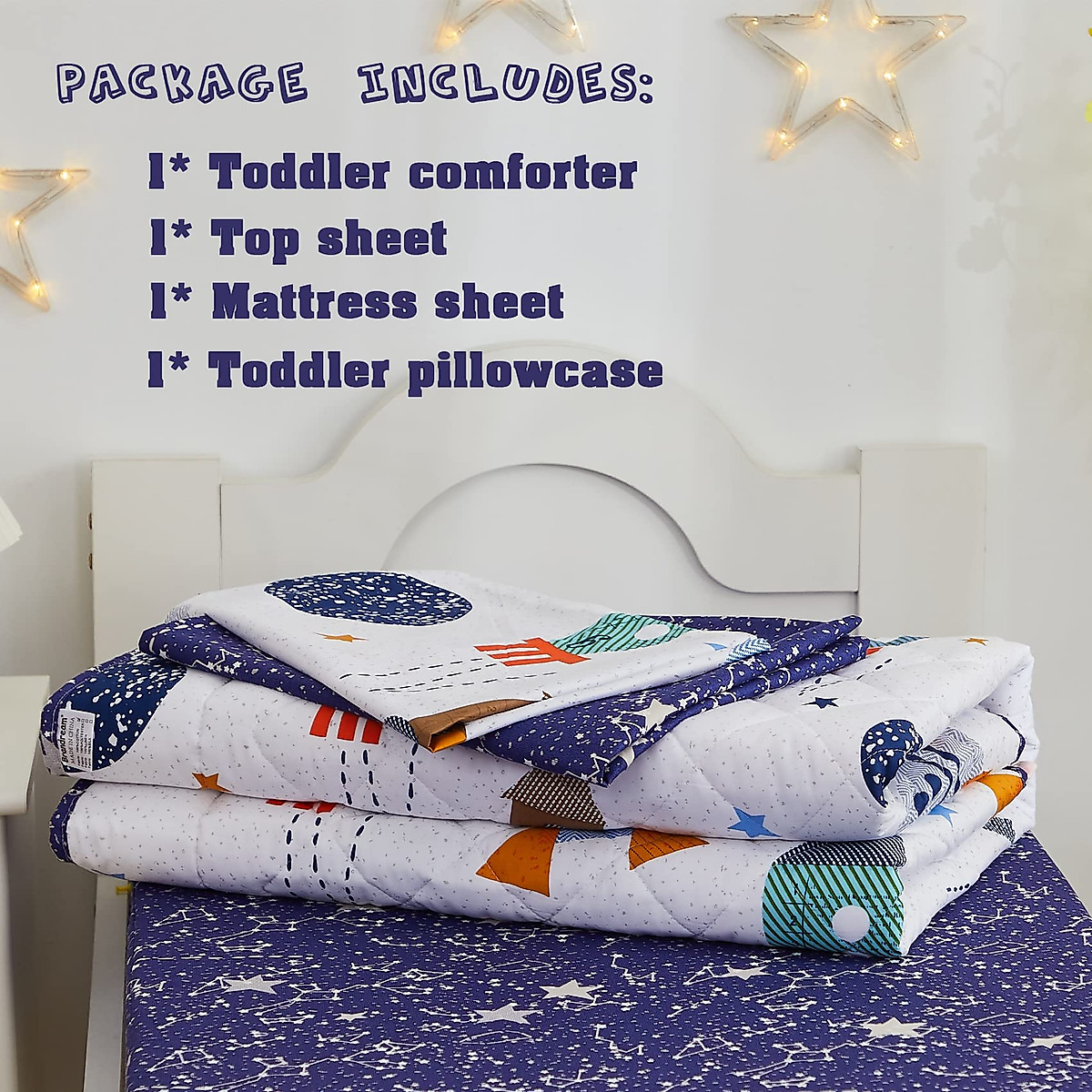 Brandream Outer Space Toddler Bedding Sets for Boys Spaceship Galaxy Rocket Bed in A Bag Cotton Comforter Set, 4PCS Includes Comforter, Top Sheet, Mattress Sheet, Pillowcases
