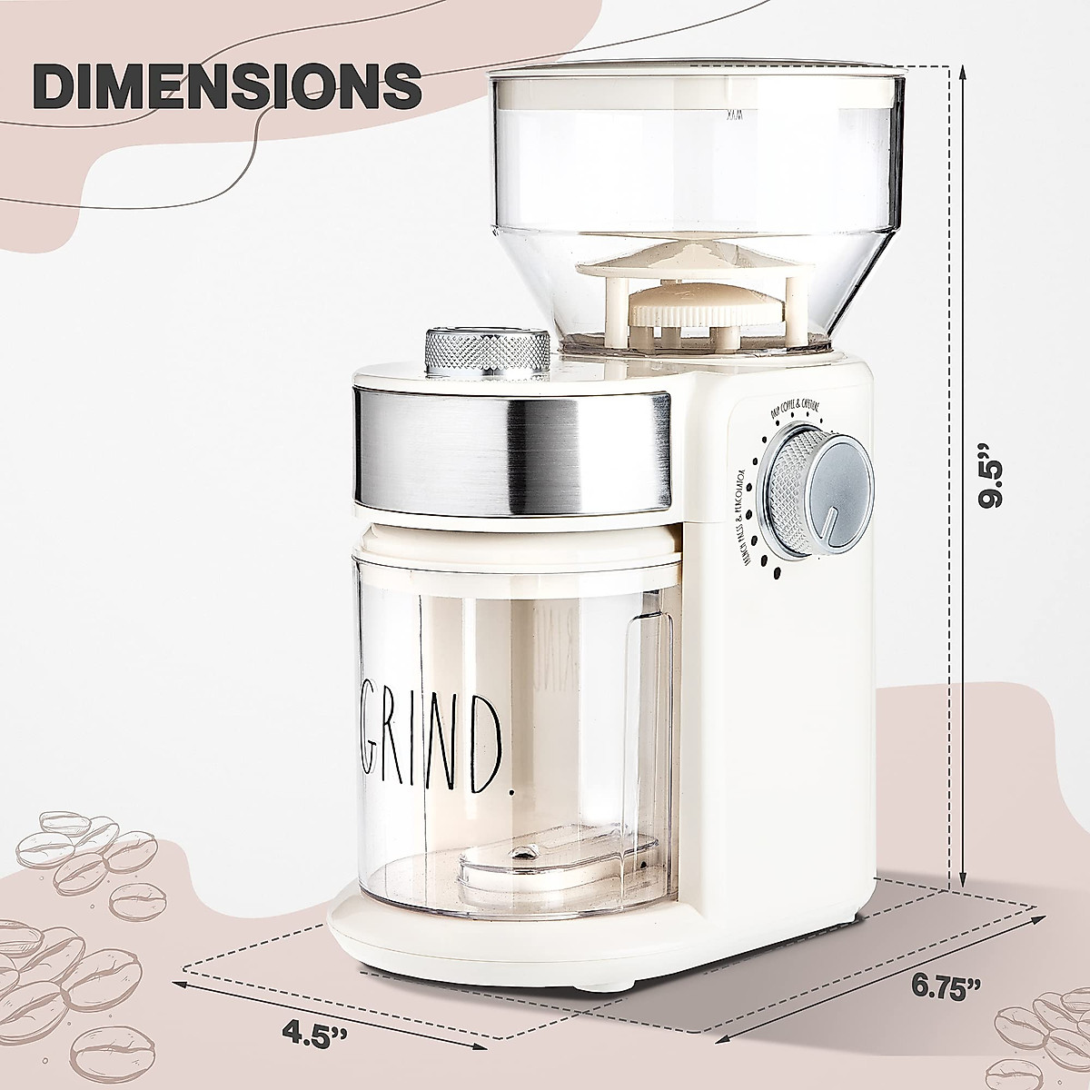 Coffee Grinder, Electric Burr Coffee Grinder, Grinder for Coffee, French Press, Espresso, and Drip Coffee 18 Grinding Settings, Electric Coffee Grinder Labeled "GRIND" in Cream by Rae Dunn