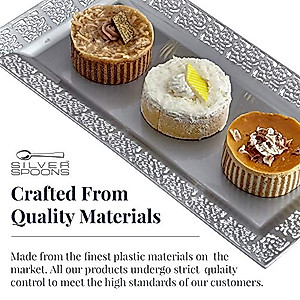 Elegant Lace Plastic Serving Trays (6 PC), Disposable Plastic Trays and Platters for Party - 14” x 7.5”, Serves Snacks, Charcuterie, Desserts, Sweets, Perfect for Upscale Wedding, and Dining - Silver