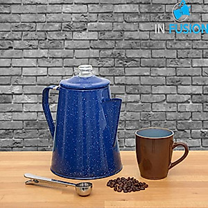 Camping Coffee Percolator - Enamel Coating Gloss Finish And Glass Cap For Backpacking, Campsite, Kitchen And FireCoffee Pot Makes 12 Cups - Comes With Basket For Grounds And Stainless Steel Spoon