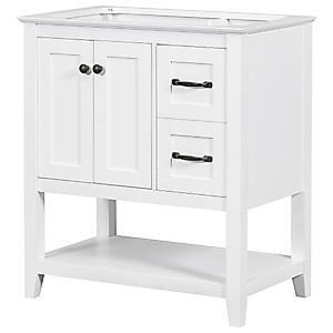30" Bathroom Vanity Without Sink Top, Solid Wood Bathroom Storage Cabinet Bath Vanity with Two Tiers Drawer and Soft Closing Doors White Without Sink