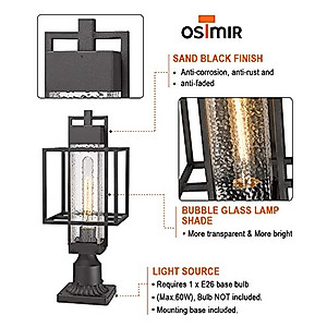 Osimir Outdoor Post Light Fixture, 1-Light Exterior Post Lantern with Pier Mount Base, Pier Light with Bubble Glass Shade Black Finish, Outdoor Light for Patio, Porch, Yard, Garden 2375/1GL