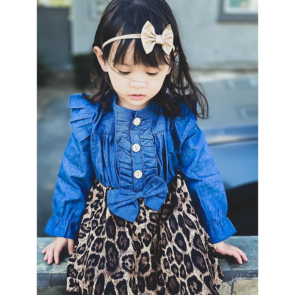 Toddler Baby Girl Long Sleeve Fall Dress Infant Denim Leopard Ruffle Dresses Cheetah Outfit, Blue, 2-3T