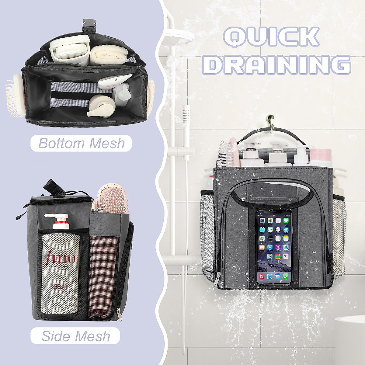 Attmu Large Capacity Portable Shower Caddy Dorm for College Essentials, Separate Compartment Hanging Toiletry Bag for College Student Camping Gym Travel Essentials (Gray)