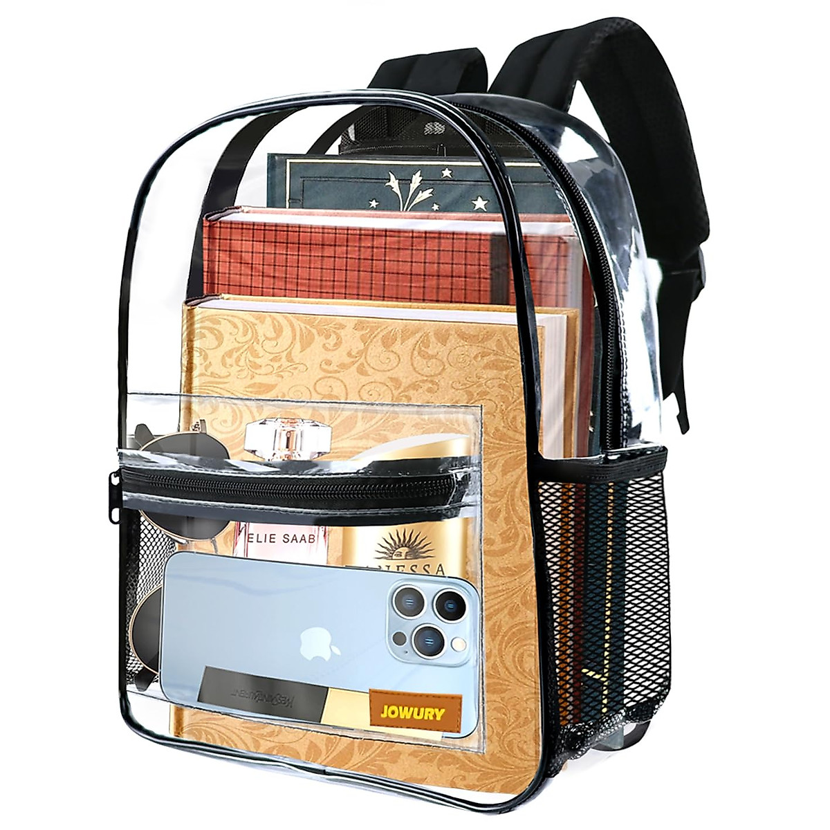 JOWURY Clear Backpack - Heavy Duty PVC Transparent Backpack, See Through Large Capacity School Backpack for Students, Concerts, Work, Safety, Travel (15", Suitable for Kids)