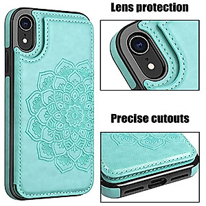 MMHUO for iPhone XR Case with Card Holder, Flower Magnetic Back Flip Case for iPhone XR Wallet Case for Women, Shockproof Protective Case Full Cover Phone Case for iPhone XR,Mint