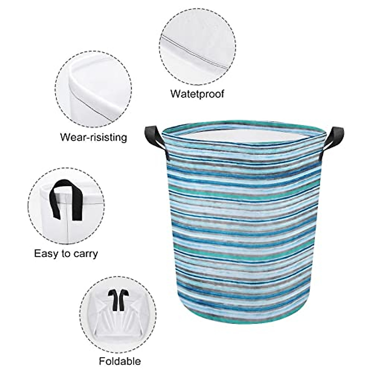 Collapsible Laundry Baskets Ocean Dye Wave Strips Waterproof Laundry Hamper with Handles Teal Blue Round for Dirty Clothes，Kids Toys,Bedroom,Bathroom