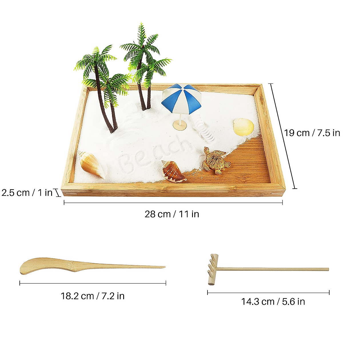 Japanese Zen Garden for Desk White Beach 12" x 8" Desktop Mini Zen Garden with White Sand Artificial Bonsai Tree Rocks Rakes & Accessories Meditation Zen Gifts Sand Tray Play Kit for Kids Adult