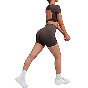 SUUKSESS Open Back Short Sleeve Scrunch Butt Booty Shorts Seamless Ribbed Workout Sets 2 Piece Outfits (#1 Dark Brown, M)