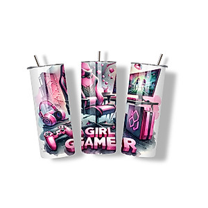 Girl Gamer 20oz Skinny Tumbler with Metal Straw – Pink Gaming Setup Design with Controller and Headset – Double-Walled Insulated Stainless Steel Tumbler for Hot & Cold Drinks (Darker)