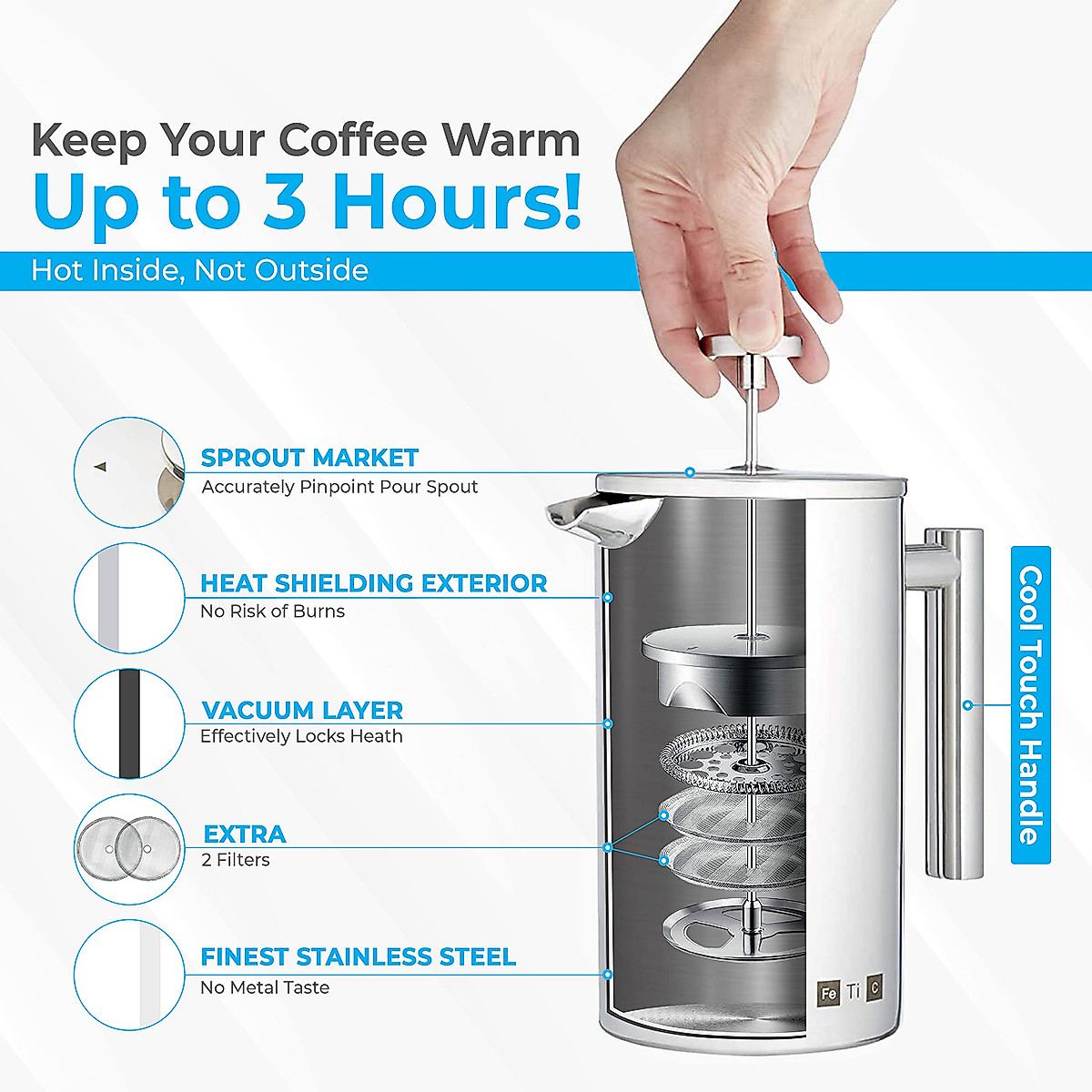 Fetic French Press Coffee Maker, 304 Grade Stainless Steel Insulated Coffee Press with Free Coffee Scoop, 34oz (1 Litre), Silver