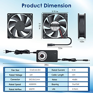 KEYFANCLUB Small Axial Exhaust Fan, 80mm 12V DC Fan with AC Plug Dual Ball Bearings Air Exhaust Fume Smoke Extractor Fan Kit for DIY Soldering, 3D Printer Enclosure